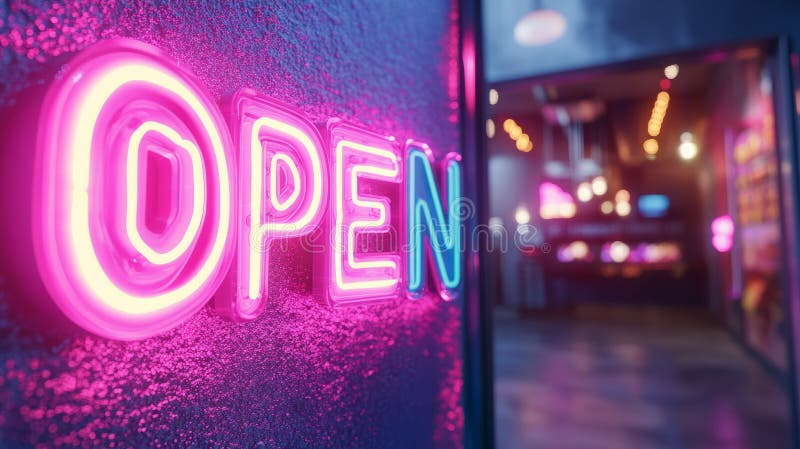 Neon Open Sign Glows at Night with Blurred Interior View. Stock Photo ...