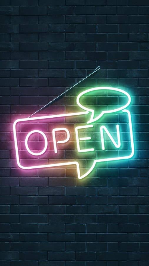 Neon OPEN Sign in Gradient Colors, Rectangular Shape with Speech Bubble ...