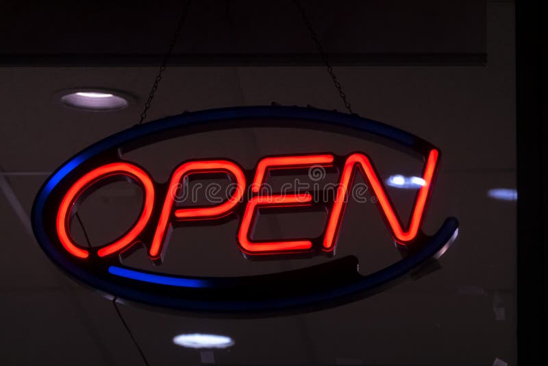 An Neon OPEN Sign at Night at a Store Stock Photo - Image of business ...