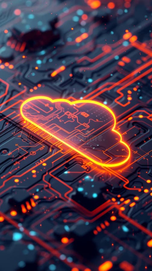 Neon Orange Cloud Icon on a Circuit Board, Futuristic Technology. Cloud ...