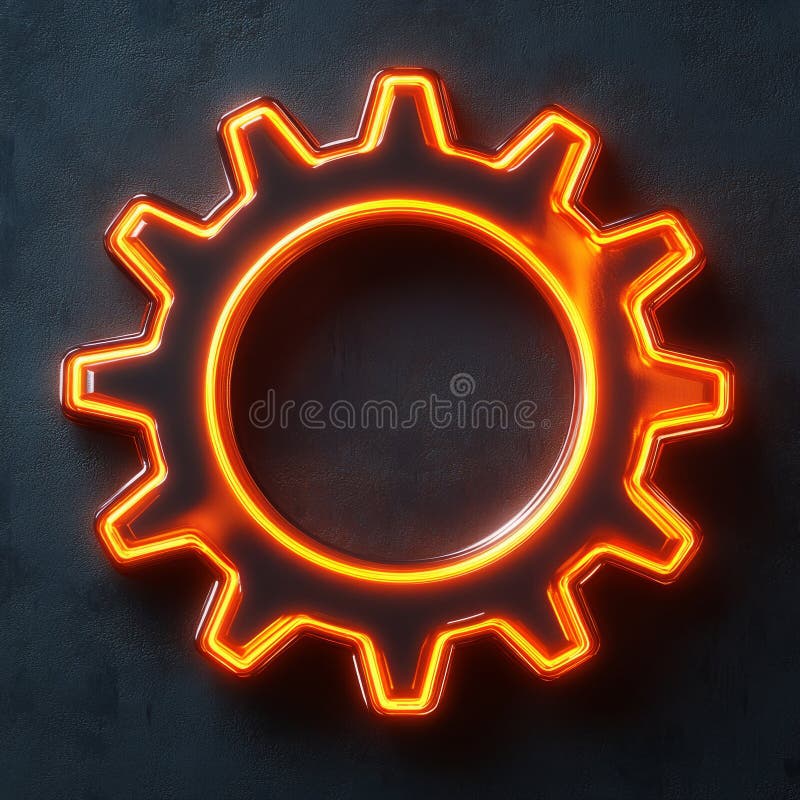 Neon Orange Gear Glowing on a Dark Textured Background. Stock Image ...