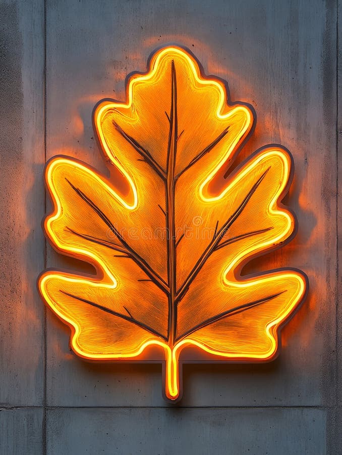 Neon Orange Leaf Sign Glowing on a Concrete Wall. Stock Image - Image ...