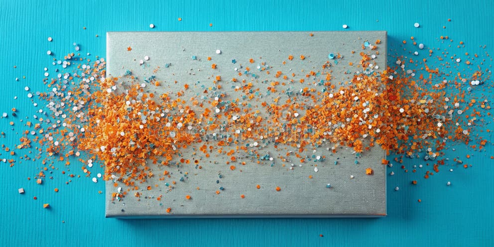 Neon Orange and Metallic Silver Confetti Exploding on a Sky Blue Canvas ...