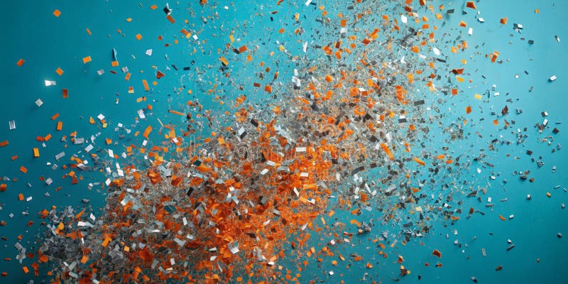 Neon Orange and Metallic Silver Confetti Exploding on a Sky Blue Canvas ...