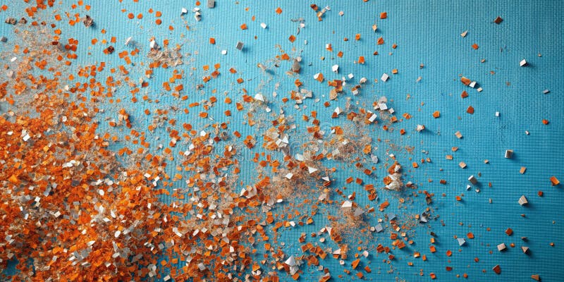 Neon Orange and Metallic Silver Confetti Exploding on a Sky Blue Canvas ...