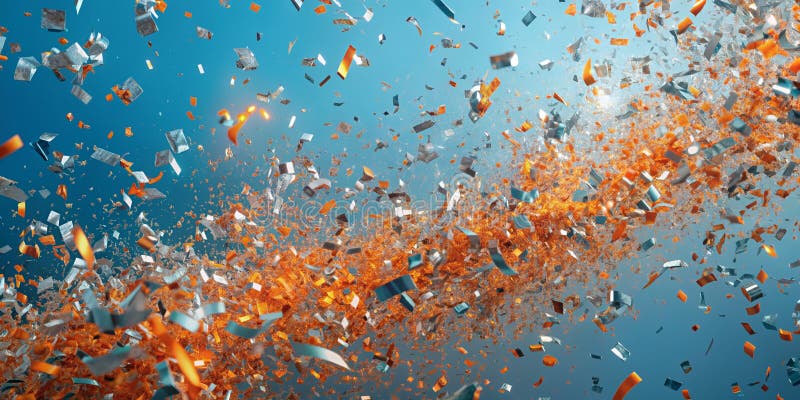 Neon Orange and Metallic Silver Confetti Exploding on a Sky Blue Canvas ...