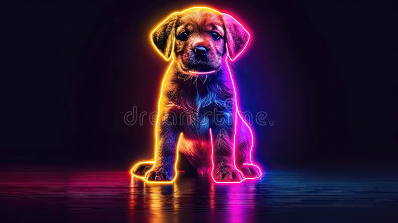 Neon-outline of a Standing Puppy with a Reflective Floor and Dark ...