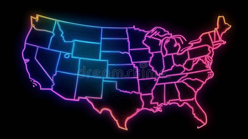 Neon Outline of USA Map with Glowing Borders Stock Illustration ...