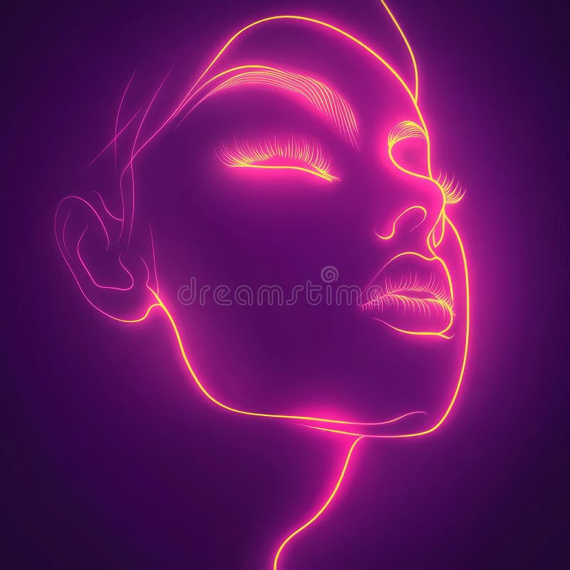 Neon Outline of a Woman S Face with Glowing Effects. Stock Image ...