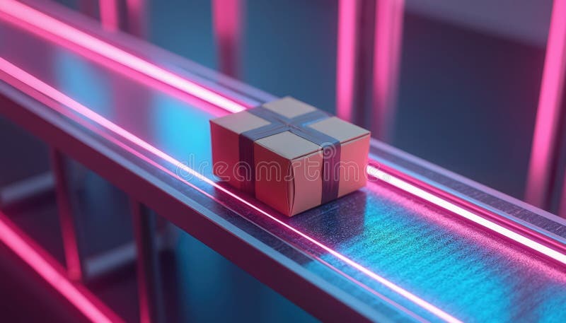 Neon Package on Conveyor Belt. E-commerce Logistics Concept. Automation ...