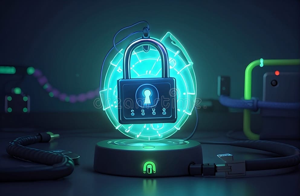 Neon Padlock on Dark Background. Concept for Internet Security ...