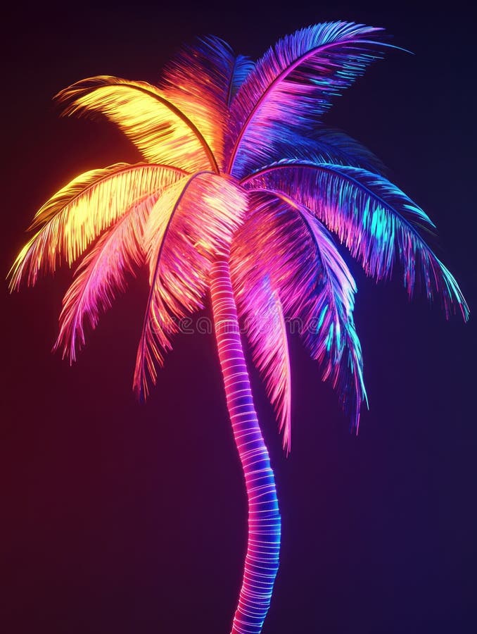 Neon Palm Tree on Black Background Stock Photo - Image of generated ...