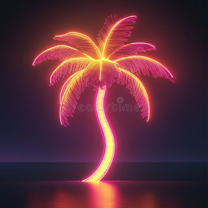 Neon Palm Tree Glowing Against a Dark Ocean Backdrop. Stock Image ...