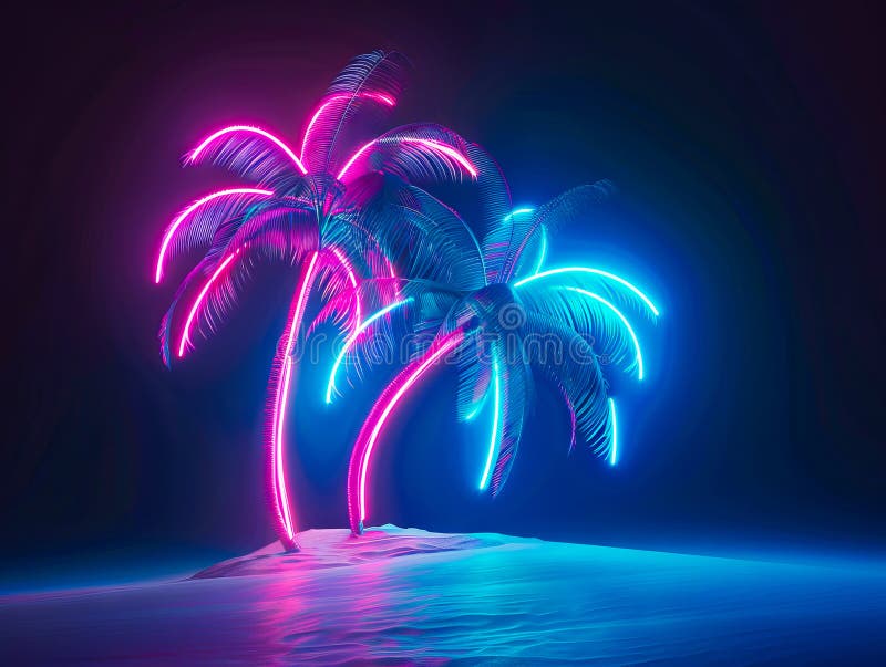 Neon Palm Trees on a Dark Beach Stock Photo - Image of night, dark ...