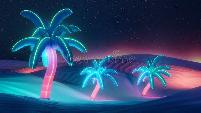 Neon Palm Trees Illuminating Desert Night Landscape Stock Image - Image ...