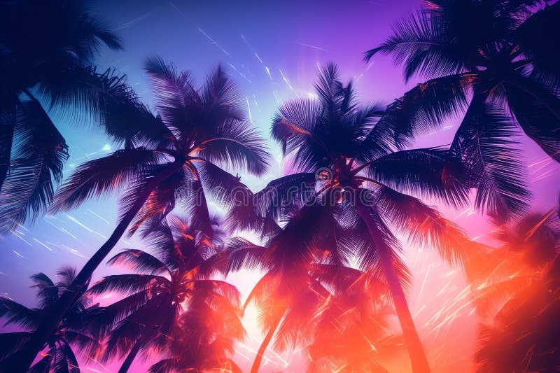 Neon Palm Trees 90s Retro Background Stock Illustration - Illustration ...