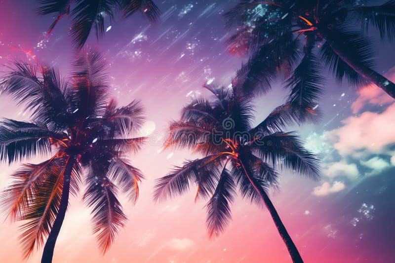 Neon Palm Trees 90s Retro Background Stock Illustration - Illustration ...