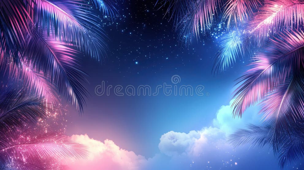 Neon Palms Under a Starry Sky with Clouds and Magic Dreamy Tropical ...