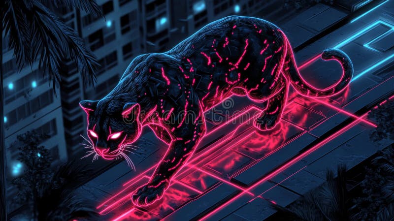 Neon Panther in Cyberpunk Cityscape Stock Illustration - Illustration ...