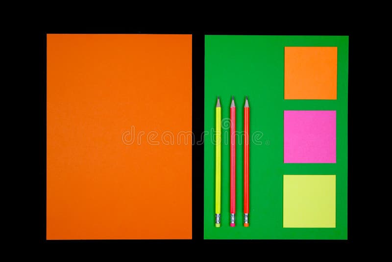 Neon Paper and Stationery on Black Stock Photo - Image of concept ...