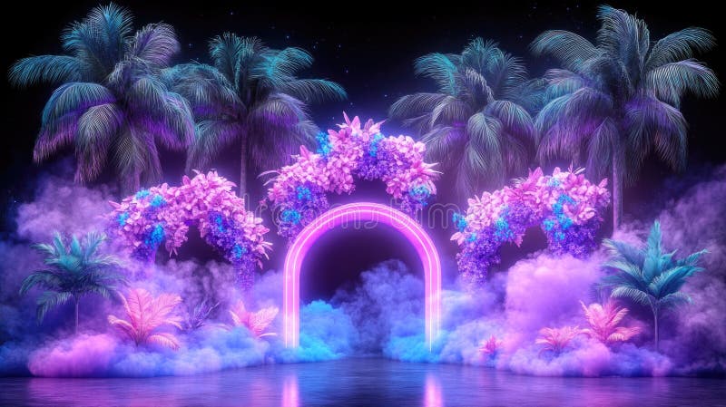 Neon Paradise: Tropical Night with Glowing Arch and Lush Palms Stock ...