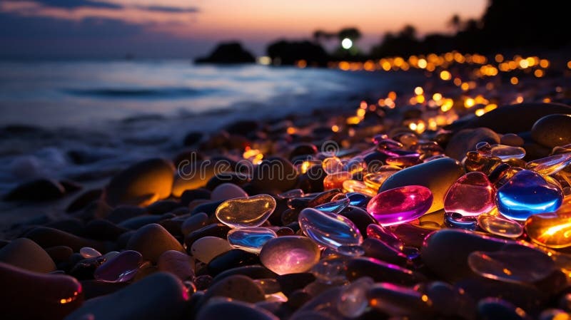 Neon Pebbles Glowing on Night Beach. Generative Ai Stock Illustration ...