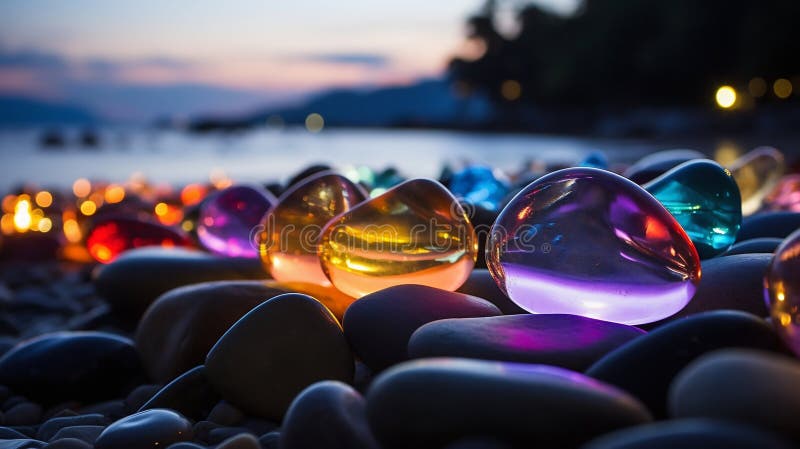 Neon Pebbles Glowing on Night Beach. Generative Ai Stock Illustration ...
