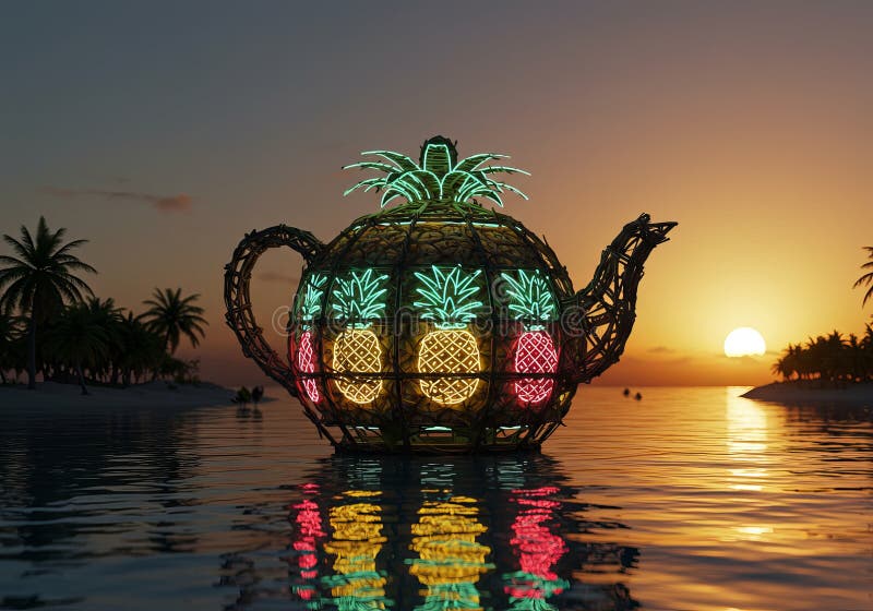 Neon Pineapple Teapot Sculpture at Sunset on Tropical Beach with ...