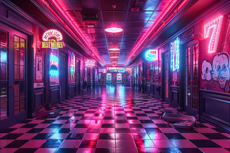 A Neon Pink and Black Checkered Hallway with Neon Stock Photo - Image ...