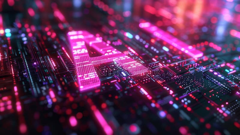 Neon Pink and Blue Circuit Board with Glowing AI Elements. Artificial ...