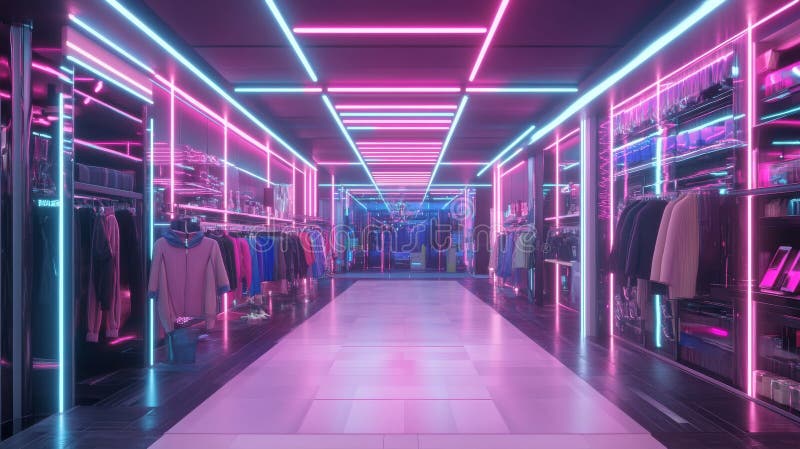 A Neon Pink and Blue Clothing Store with a Long Hallway Stock ...