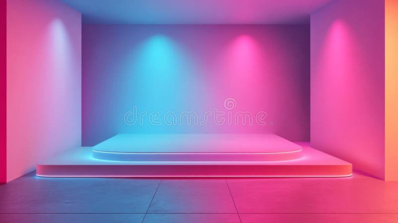 Neon Pink and Blue Lit Stage Platform in Modern Room Stock Illustration ...