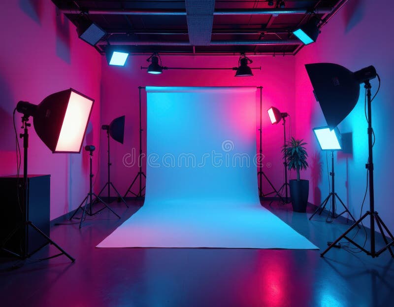 Neon Pink and Blue Photo Studio Setup with Backdrop Stock Illustration ...