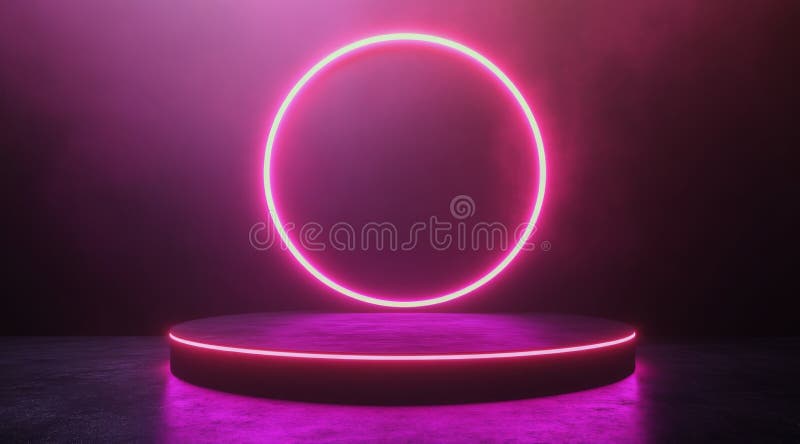 Neon Pink Circular Light Illuminates a Display Platform in a ...