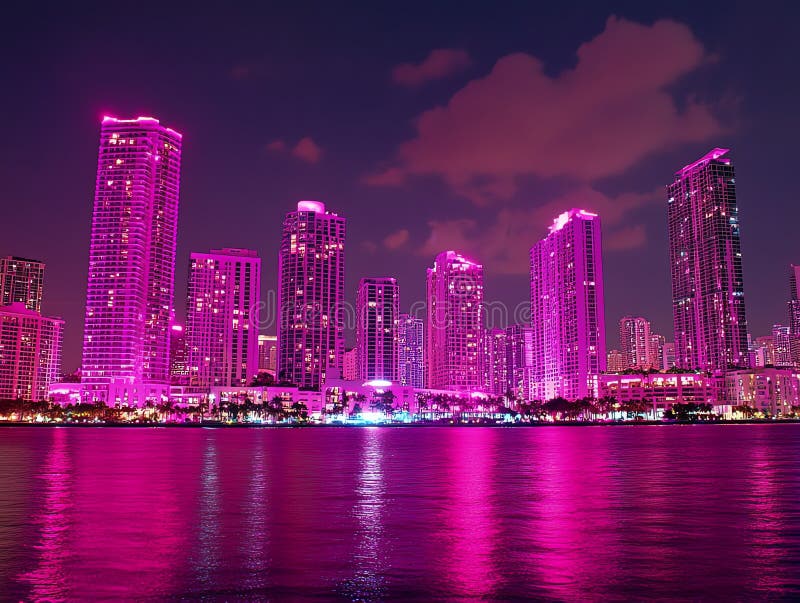 Neon Pink City Skyline Reflected in Water at Night Stock Illustration ...