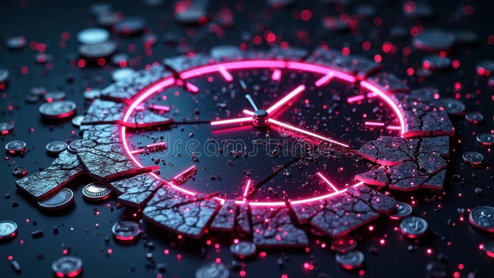 Neon Pink Clock with Broken Glass and Coins on Dark Surface Stock Photo ...