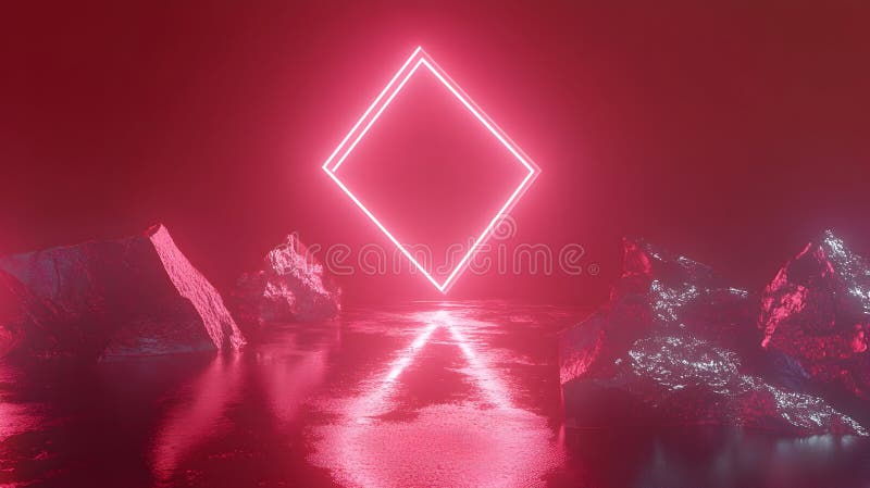 Neon Pink Diamond Shape Illuminated Against Reflection of Rocks in ...