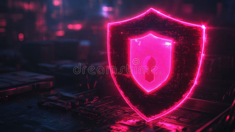 Neon Pink Digital Shield Icon on Circuit Board Representing ...