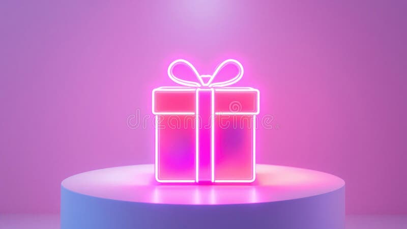 Neon Pink Gift Box on Display Pedestal with Soft Glow Stock Photo ...