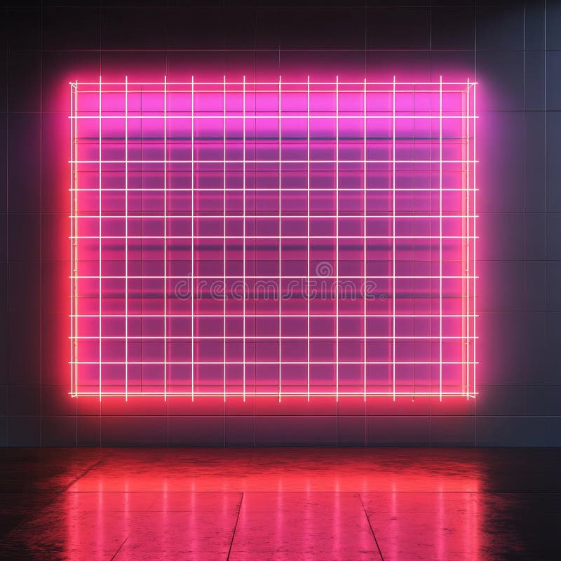 Neon Pink Grid Light Installation on Dark Wall in Modern Stock ...