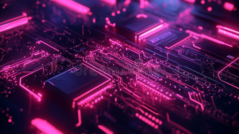 Neon Pink Illuminated Circuit Board Close Up Stock Illustration ...