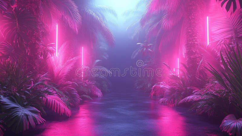 Neon Pink Jungle Pathway with Palm Trees and Illuminated Misty ...