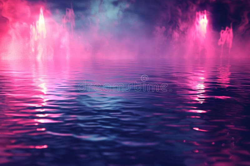 Neon Pink Lights and Night Water Surface Stock Illustration ...