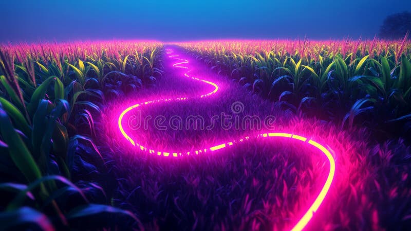 A Neon Pink Line Runs through a Field of Grass Stock Illustration ...