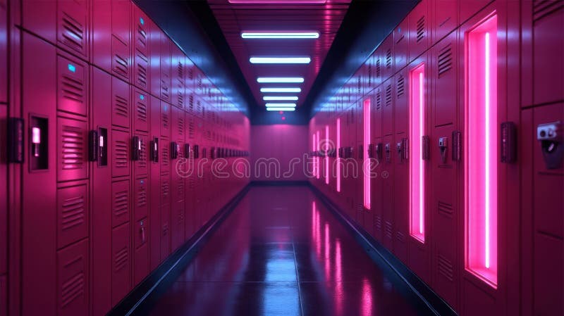 Neon Pink Locker Corridor stock illustration. Illustration of glowing ...