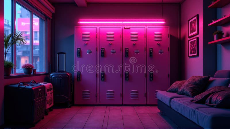 Neon Pink Locker Room Interior at Night Stock Illustration ...