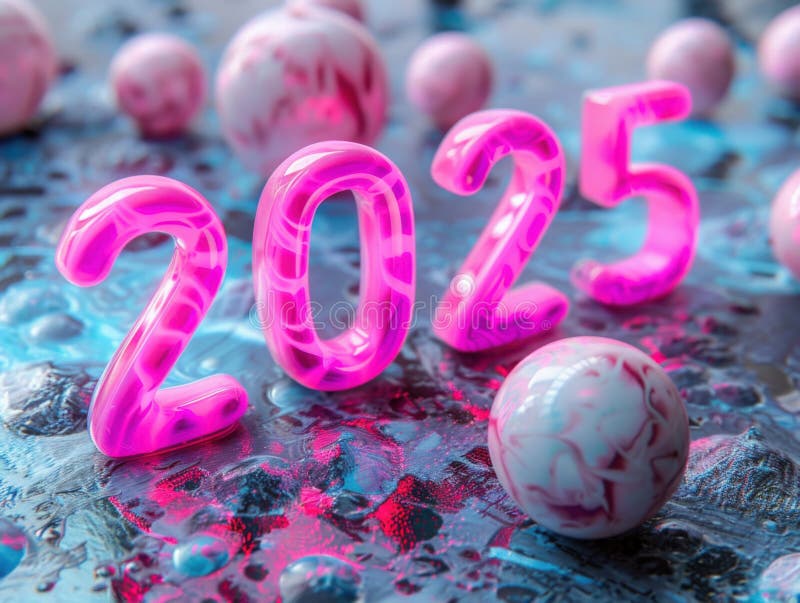 Neon Pink 2025 with Marbled Spheres on Wet Surface Stock Photo - Image ...