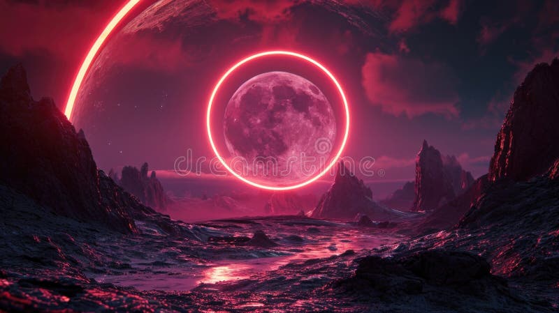 A Neon Pink Moon with a Glowing Neon Ring Around it Stock Image - Image ...