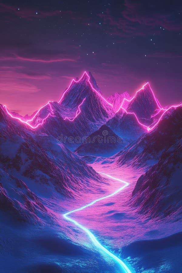 Neon Pink Mountains at Night with Glowing Path Stock Illustration ...