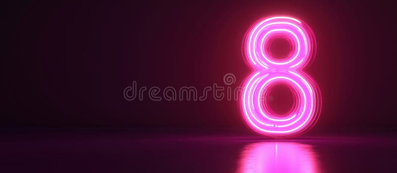 Neon Pink Number 8 Glowing Against Dark Background with Reflective ...